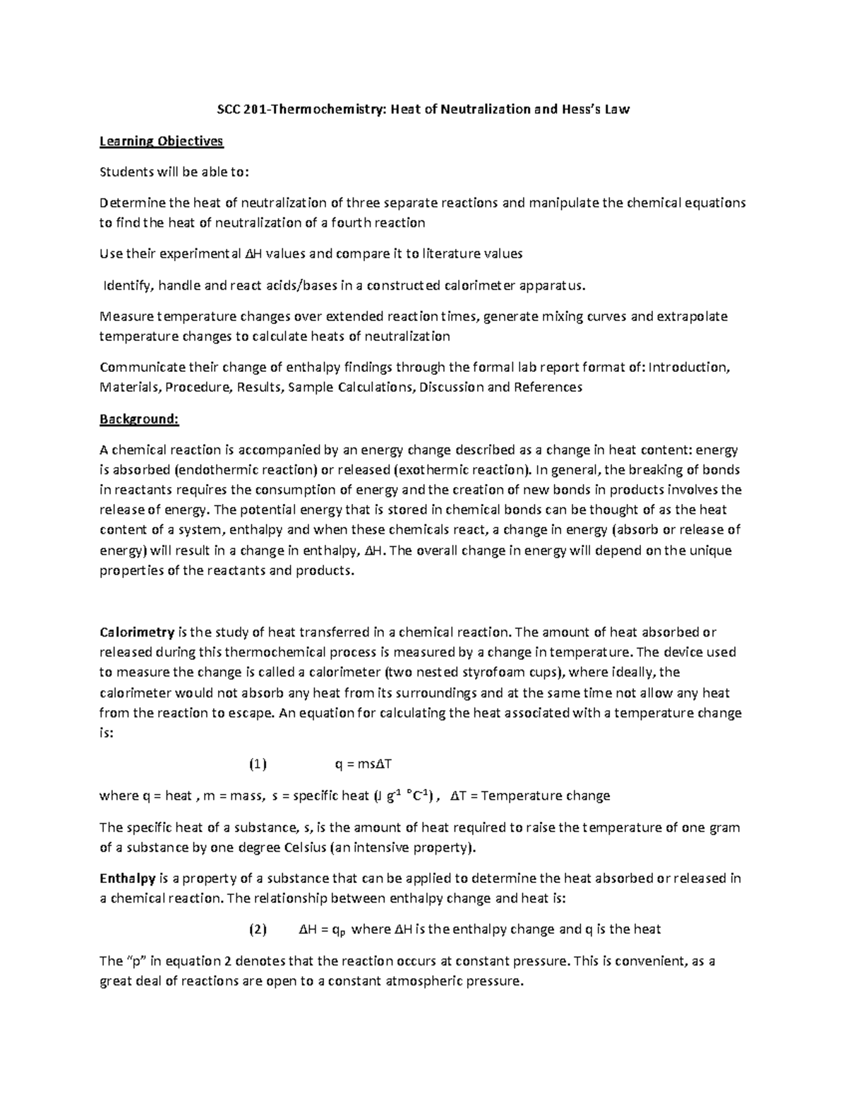 SCC 201 Lab 6: Calorimetry & Hess's Law for Heat of Neutralization ...