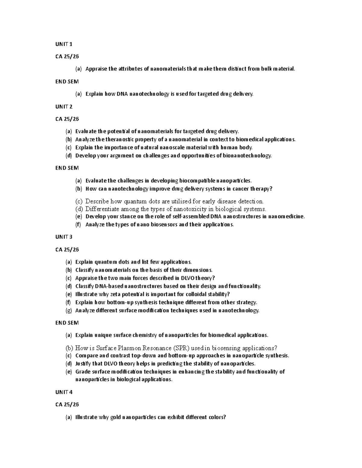 Bionanotechnology ALL Questions for End Semester Exam - Studocu