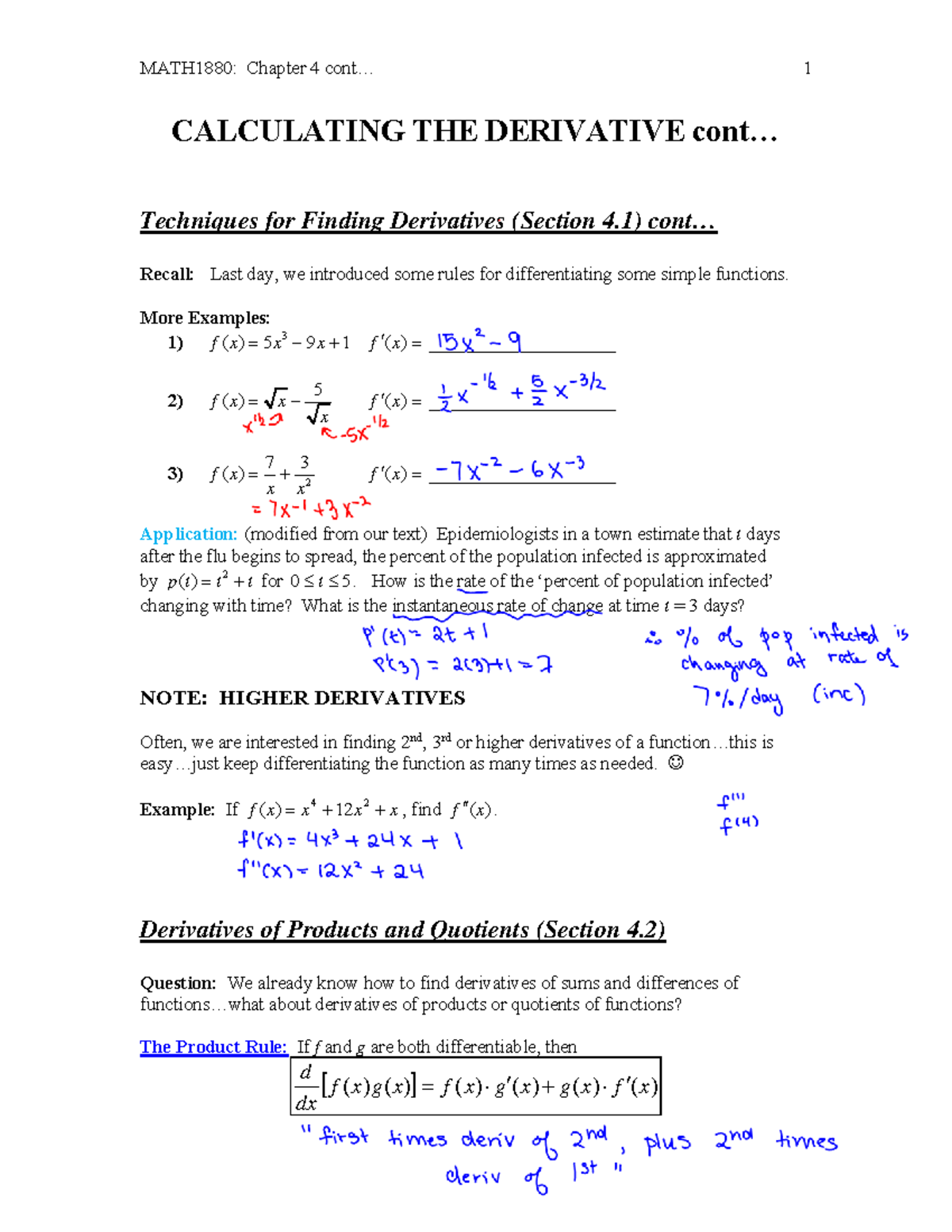 Module week 7 derivatives rules chain - MATH1880: Chapter 4 cont... 1 ...