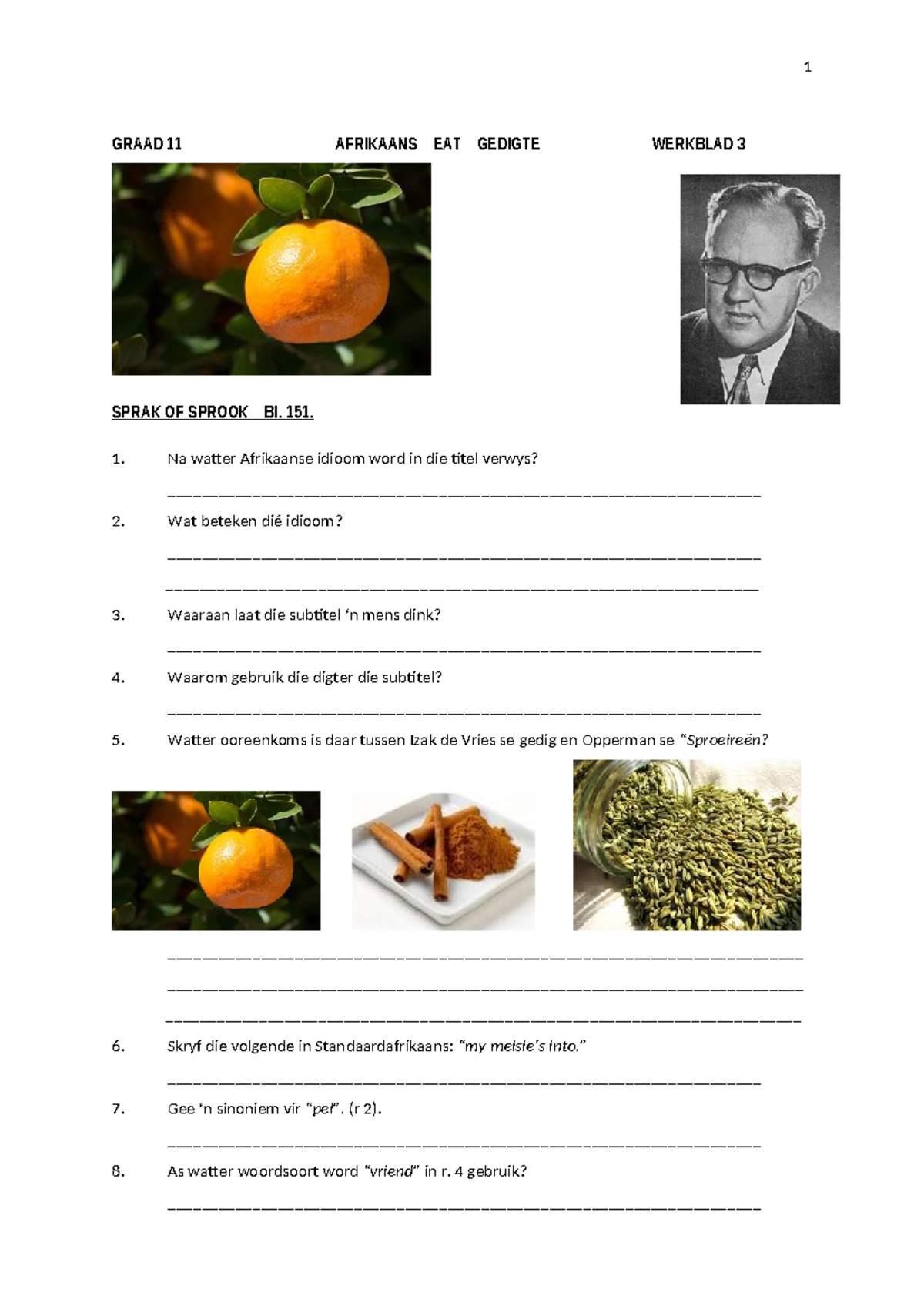 Afrikaans EAT GR 11 Gedigte Werkblad 3 - Sprak of Sprook Analyzing ...
