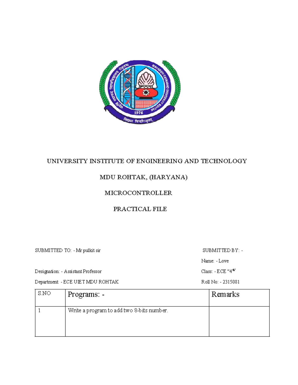 Practical File for Microcontroller (ECE 4th Sem) - Love's Submission - Studocu