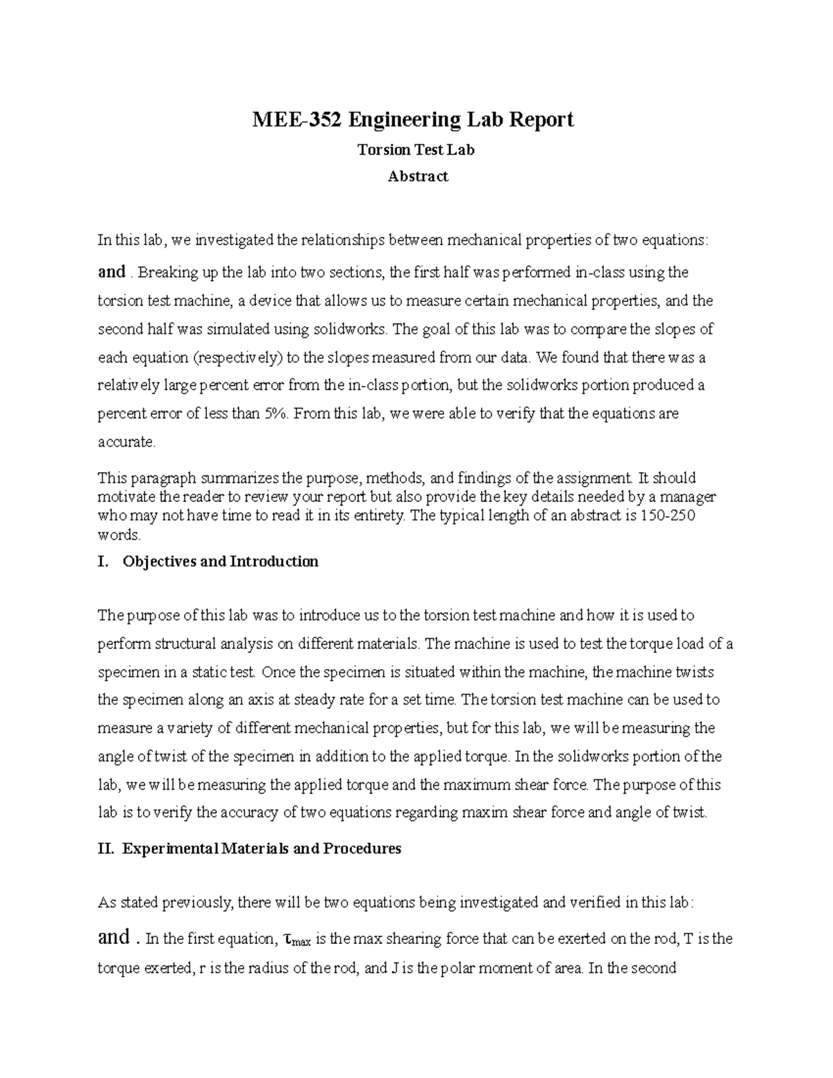 MEE-352 Torsion Test Lab Report: Methods, Results, and Analysis - Studocu