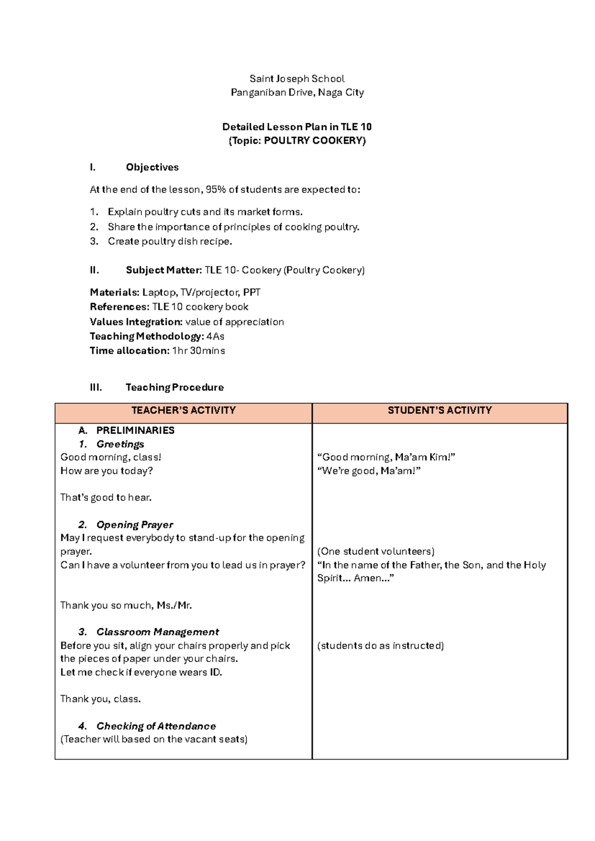 TLE 10 Detailed Lesson Plan: Poultry Cookery Insights - Studocu