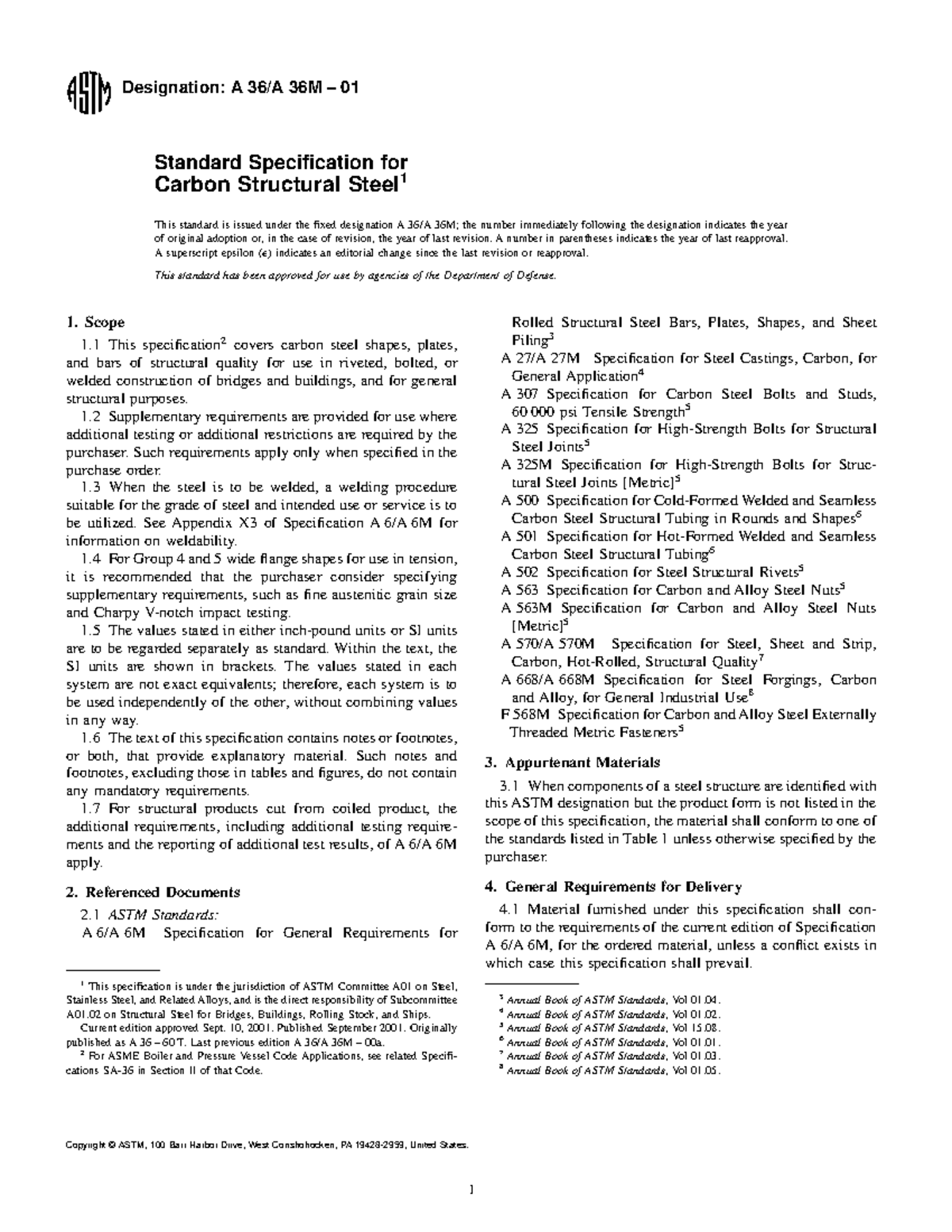 A 36M 01 Standard Specification for Carbon Structural Steel - Studocu