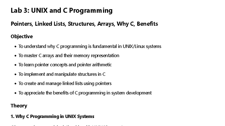 Lab 3: UNIX & C Programming - Pointers, Linked Lists, Structures, Arrays - Studocu