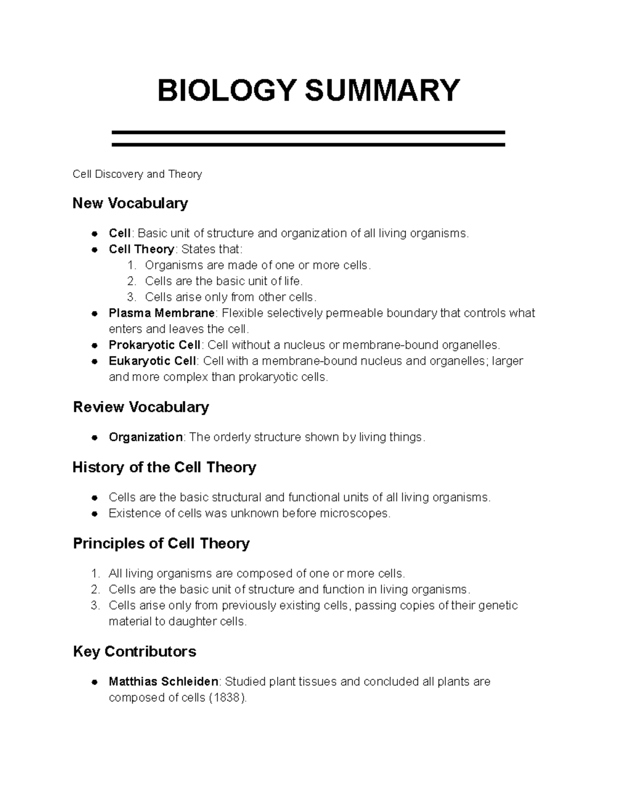 BIO 101: Summary of Cell Discovery, Theory, and Structures - Studocu