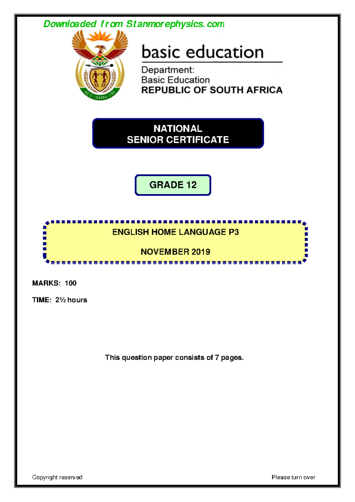 English HL Nov 2019 P3 Exam Paper & Marking Memo Overview - Studocu