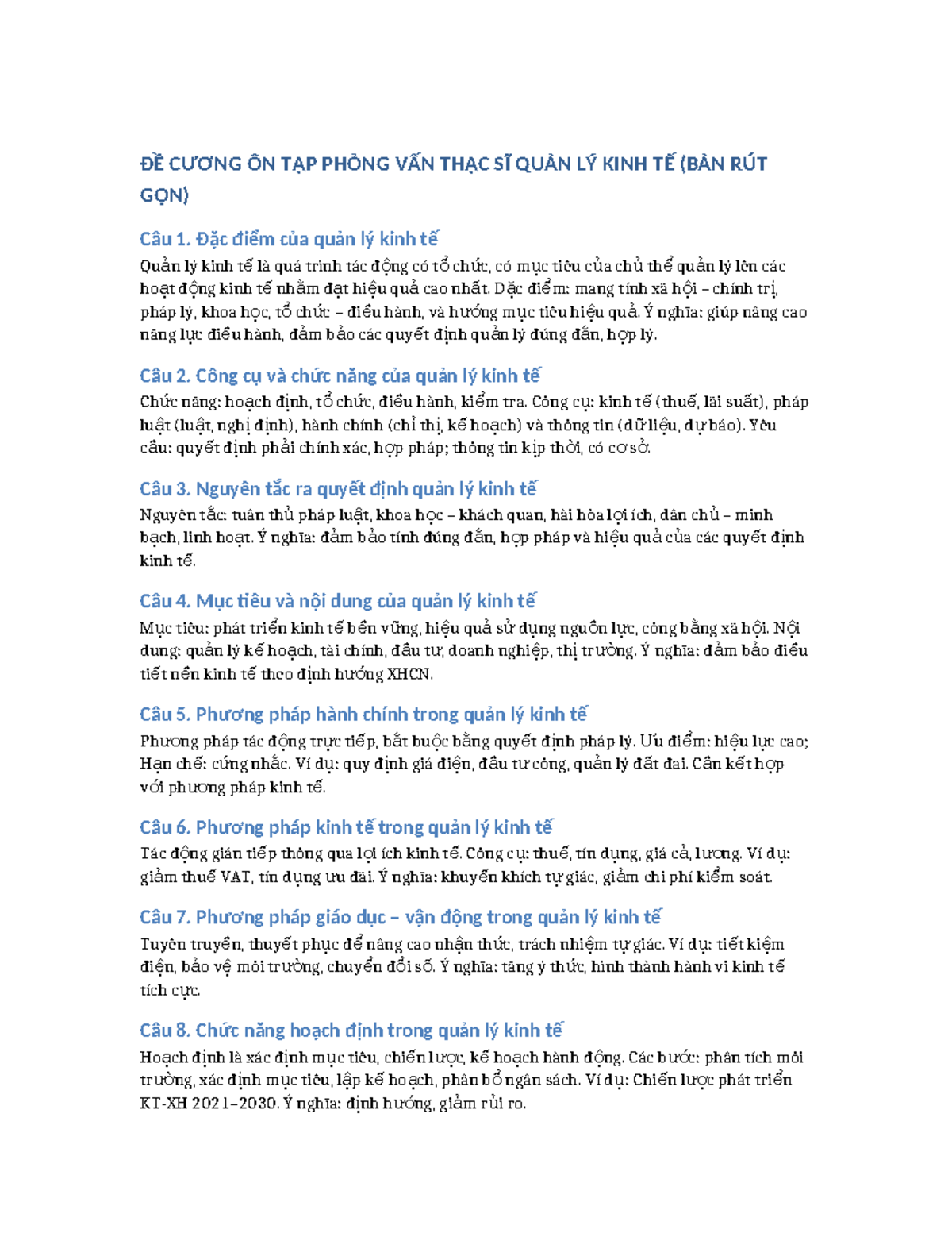 ĐỀ CƯƠNG ÔN TẬP PHỎNG VẤN THẠC SĨ QLKT (BẢN RÚT GỌN) - Studocu