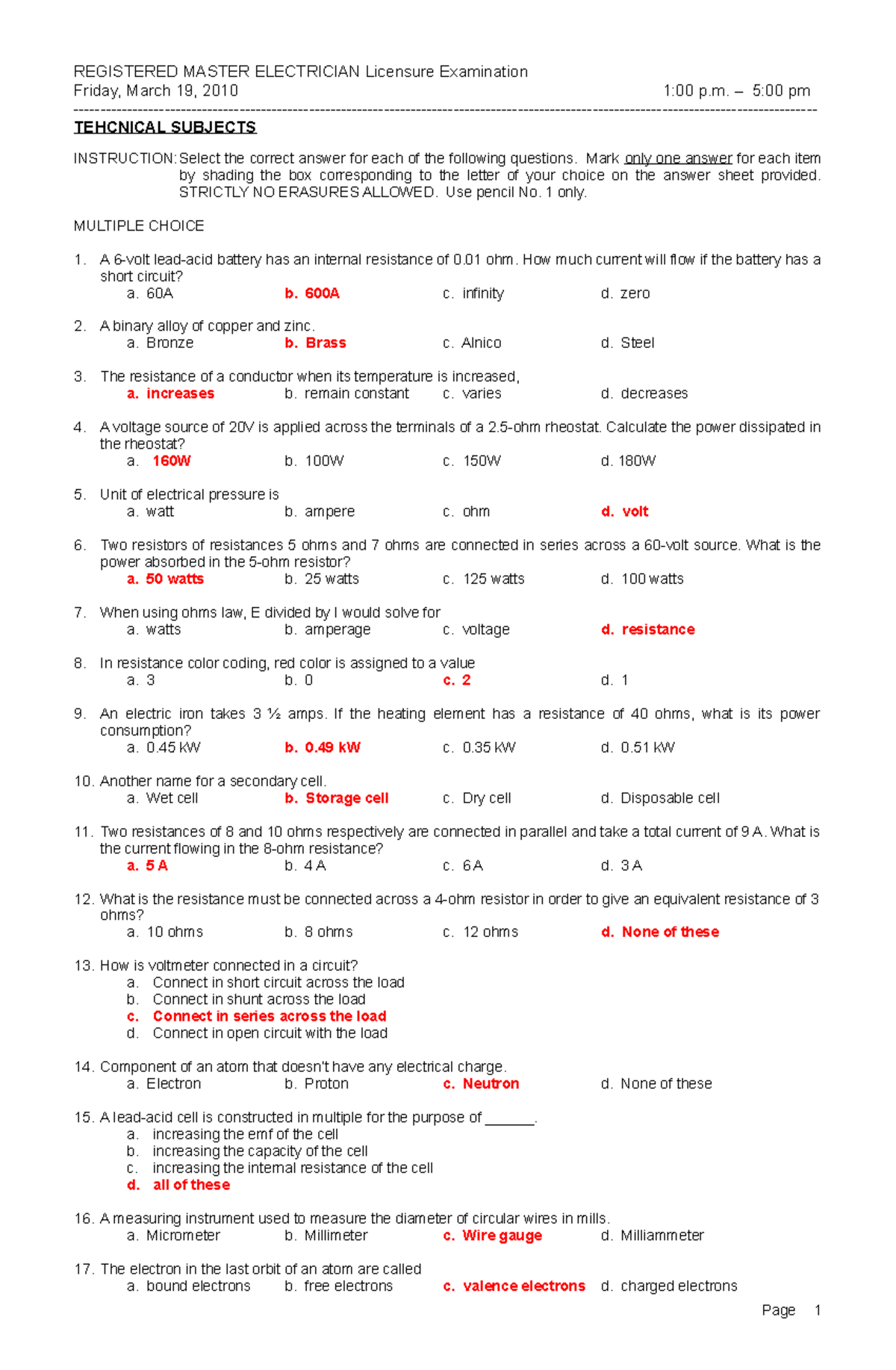 RME Licensure Exam: 50 Problems on Basic Electricity & Ohm's Law - Studocu