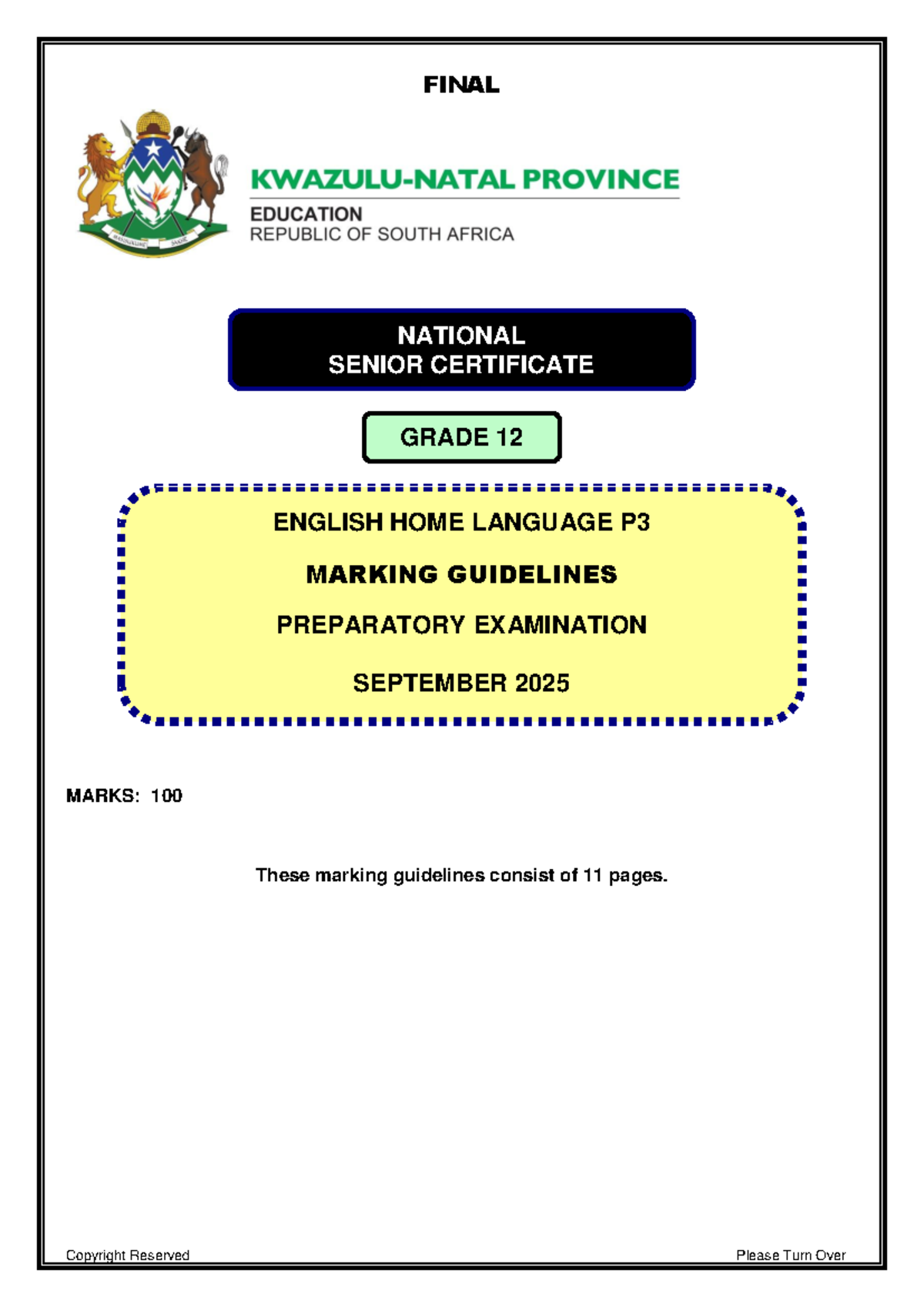 English HL P3 September 2025 Grade 12 Final Exam Marking Guidelines ...