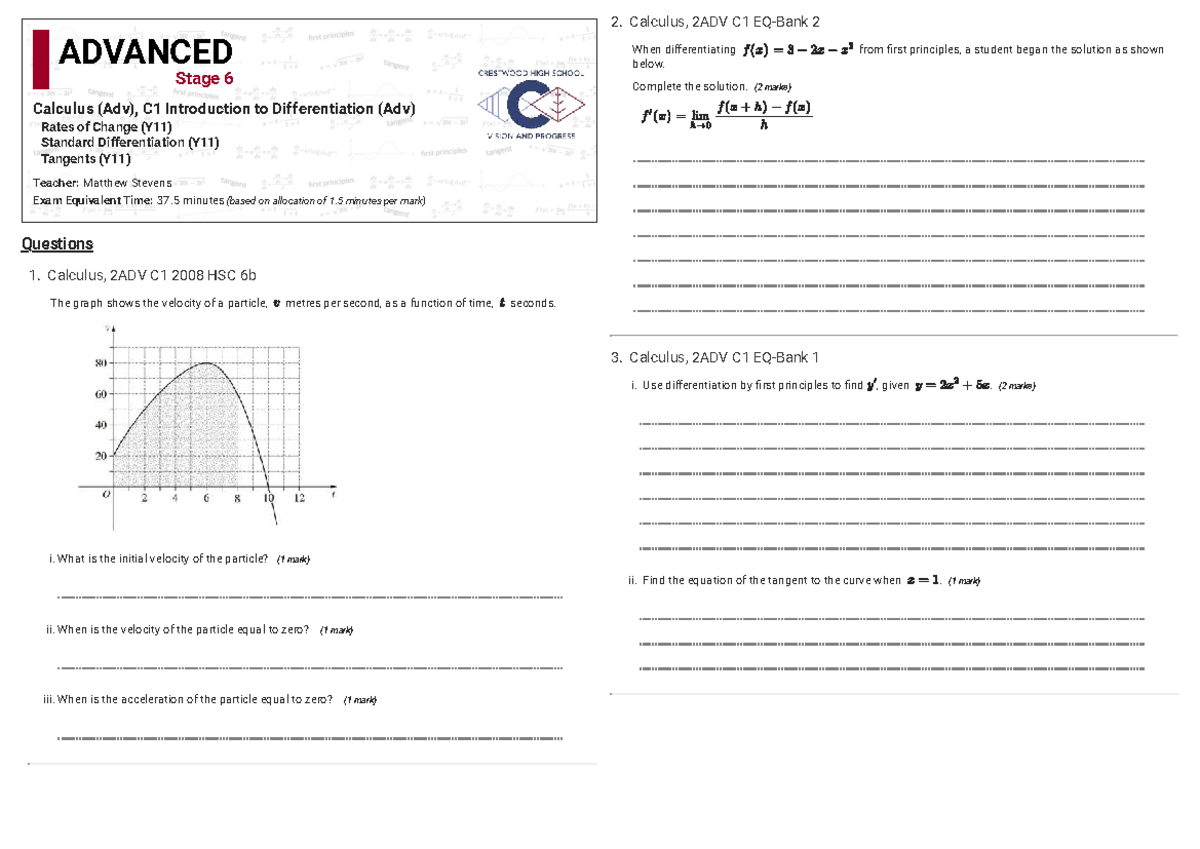 Calculus Review: 2ADV C1 Differentiation and Rates of Change - Studocu