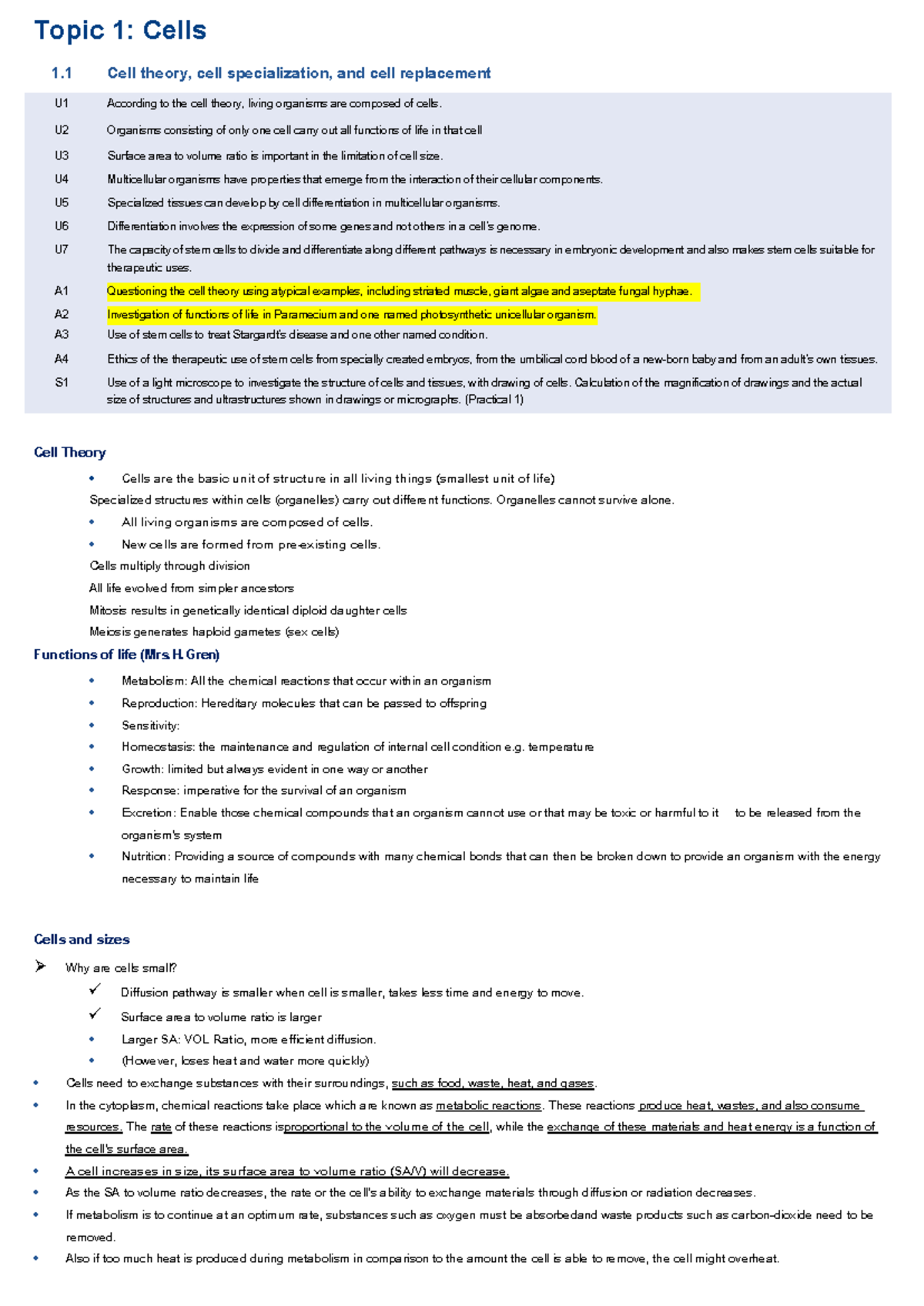 Cells: Theory, Specialization, and Stem Cell Applications (U1) - Studocu