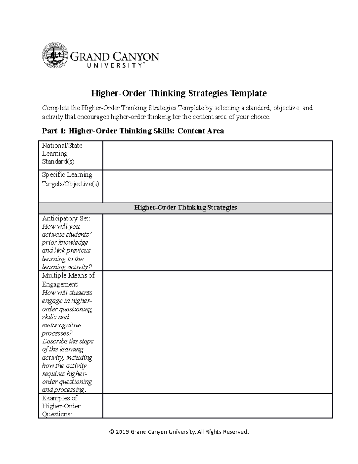 SEC 525 T4 Higher Order Thinking Strategies Template & Reflection - Studocu