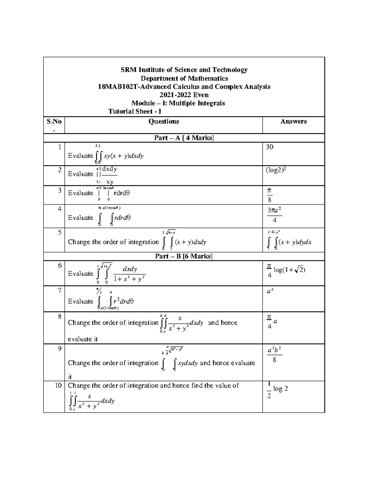 MULTIPLE INTEGRALS TUTORIAL SHEET 1 - SRM Institute of Science and ...