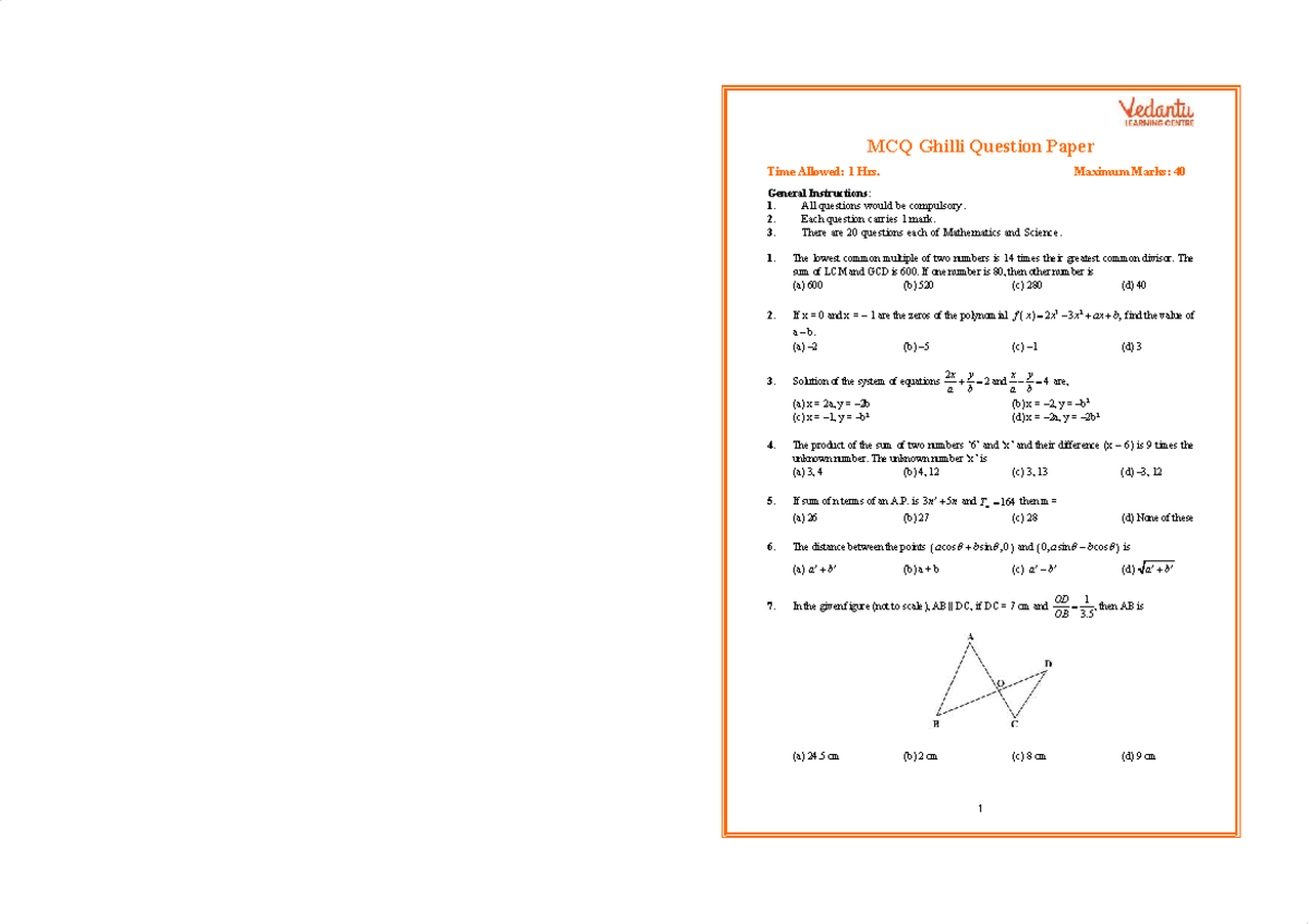 MCQ Question Paper: Mathematics & Science (Max Marks: 40) - Studocu
