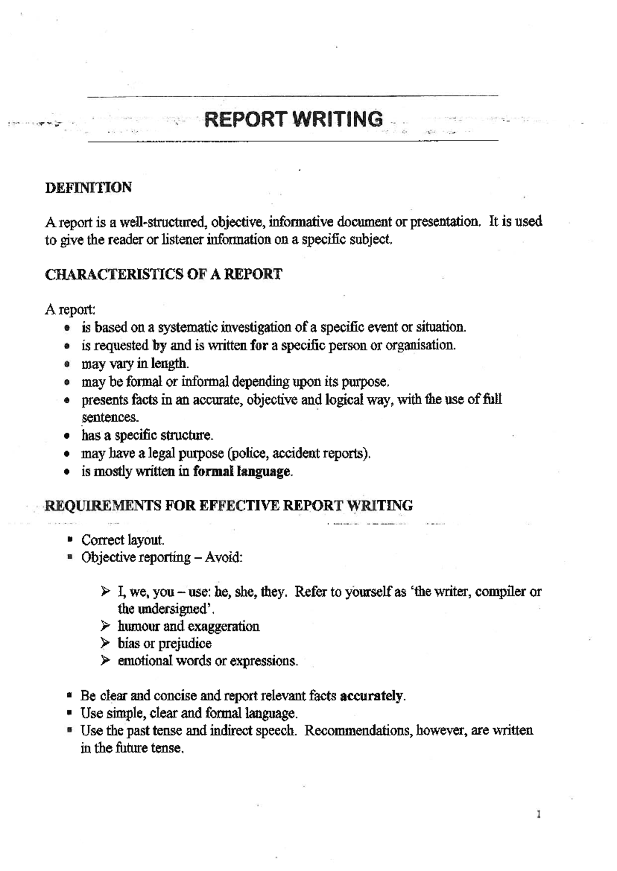 Report Writing Notes 1: Characteristics and Types of Reports - Studocu