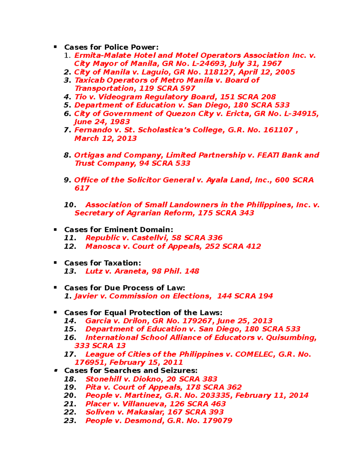 Compilation of Consti LAW 2 Cases: Police Power & Legal Principles ...