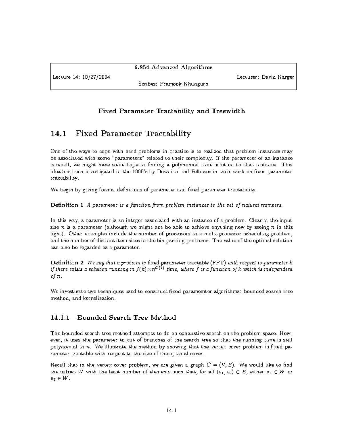 Advanced Algorithms Lecture 14: Fixed-Parameter Tractability (FPT ...