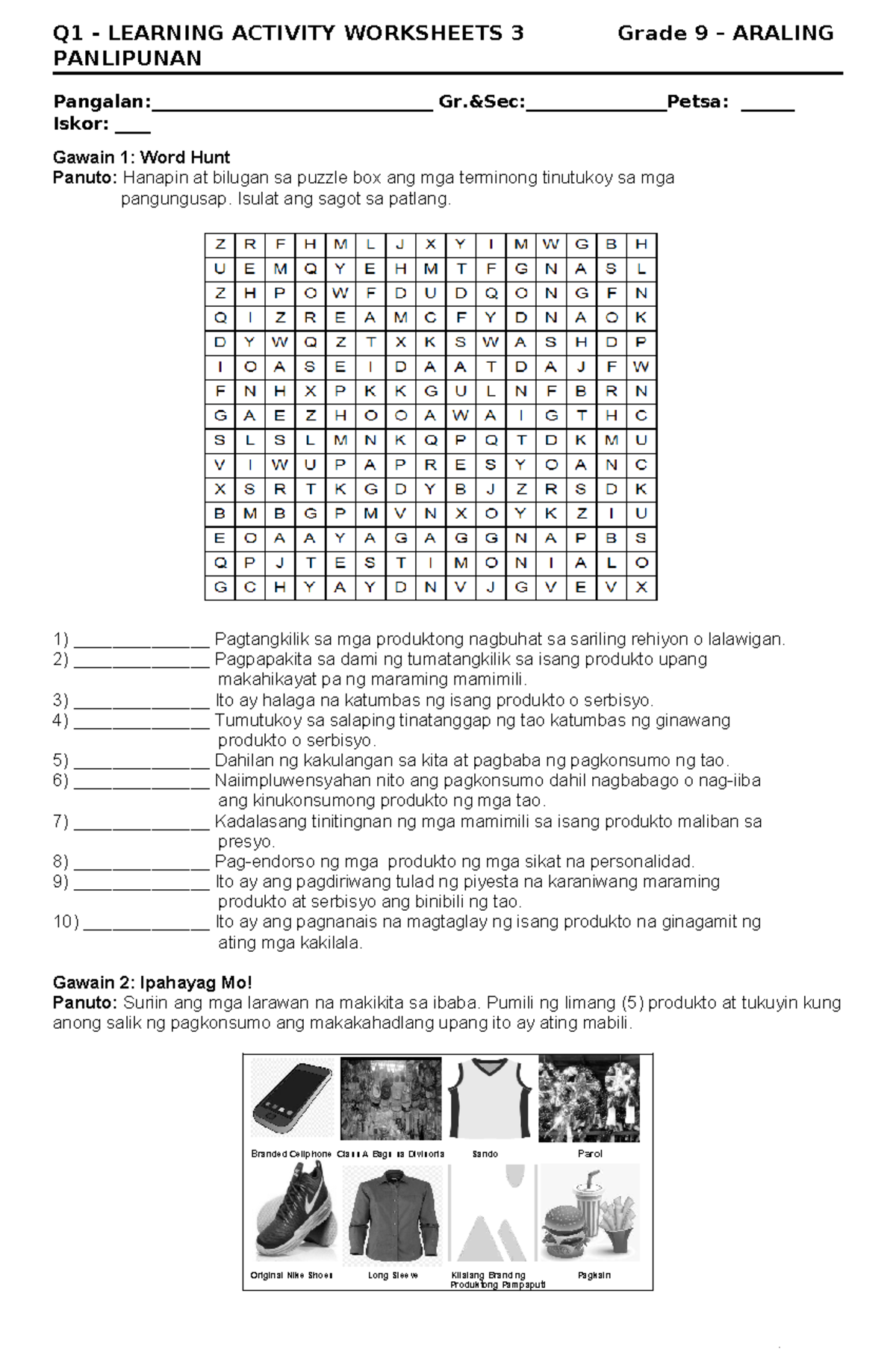 Q1 LAS3 - Worksheets for Panlipunan Grade 9 Activities - Studocu