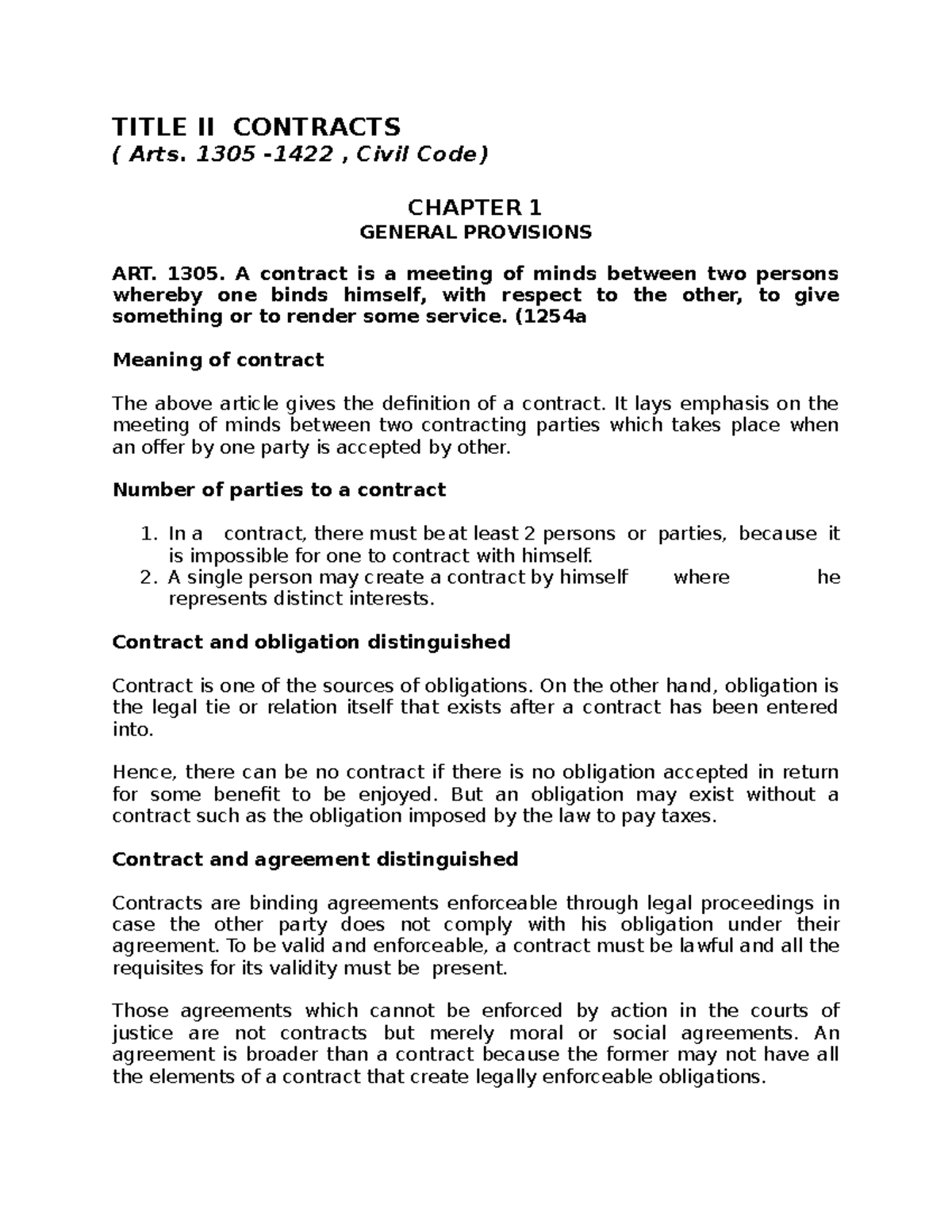 Title-II- Contracts - title - TITLE II CONTRACTS ( Arts. 1305 -1422 , Civil Code) CHAPTER 1 ...