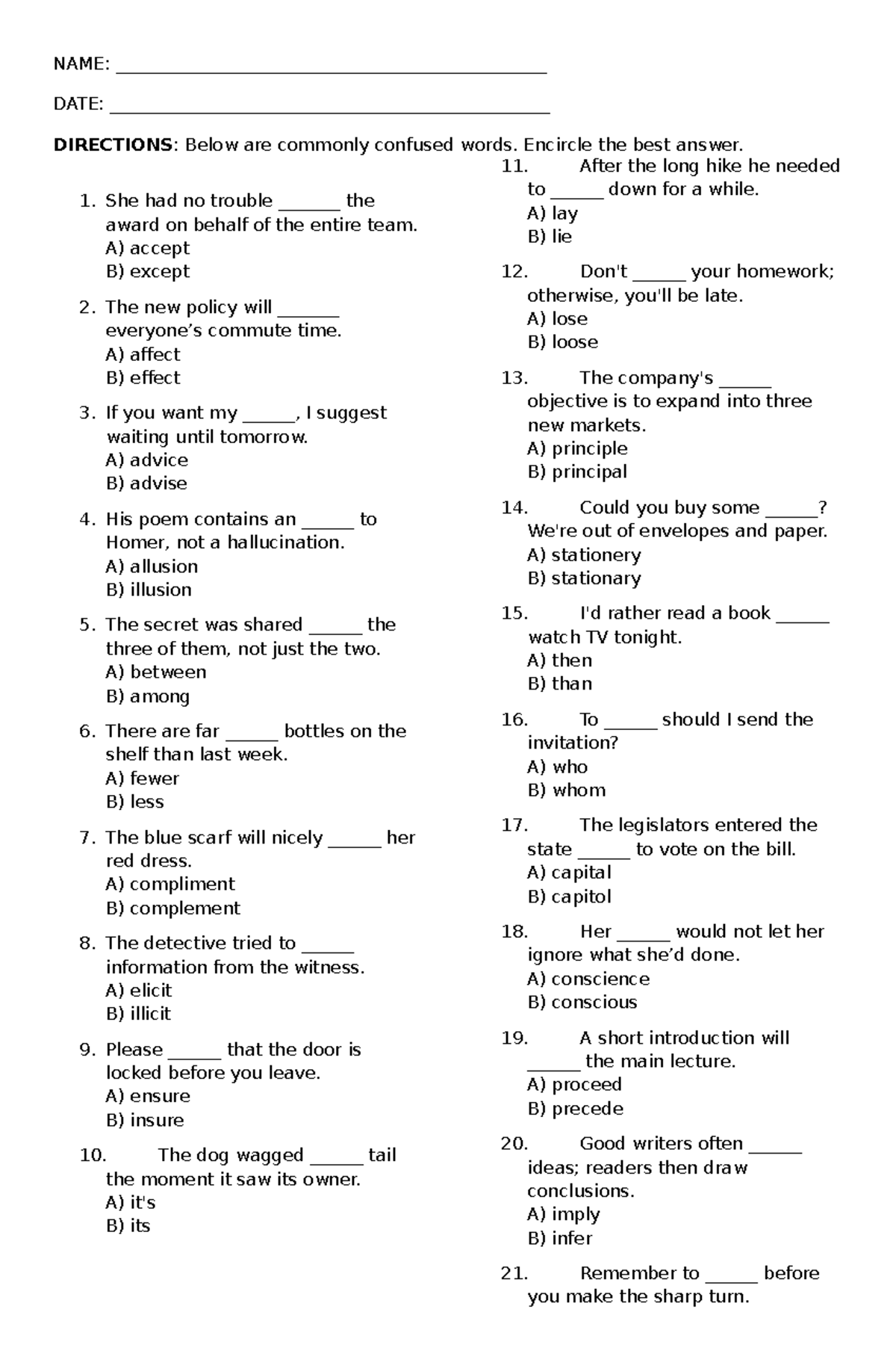 Commonly Confused Words Quiz: A Study Guide - Studocu