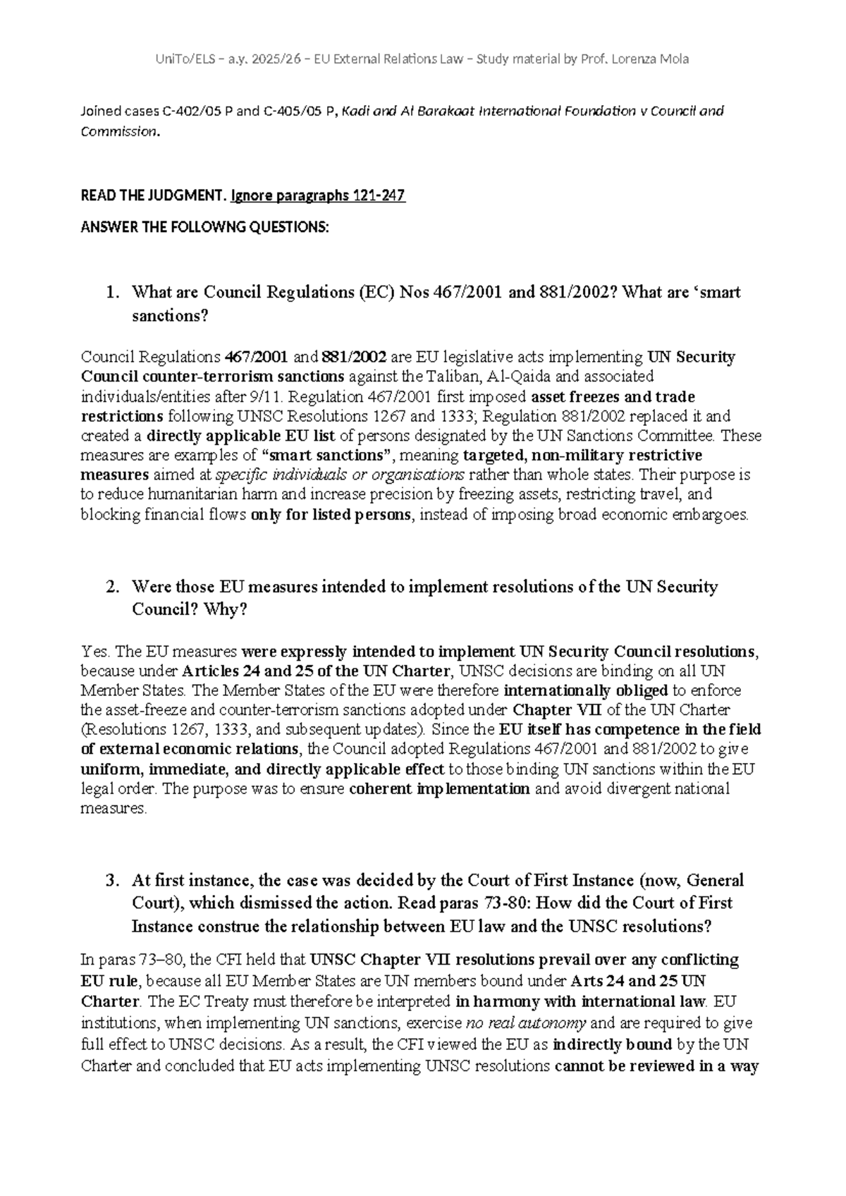 EU External Relations Law: Kadi Case Study Assignment - Studocu