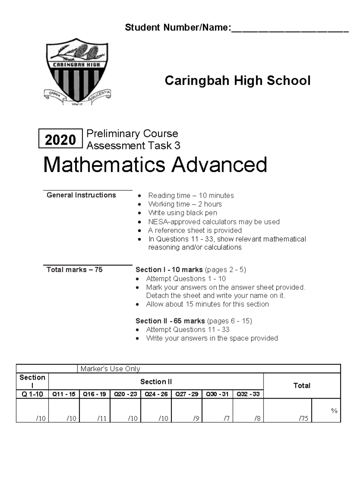 Caringbah High School 2020 2U Prelim Math Assessment & Solutions - Studocu