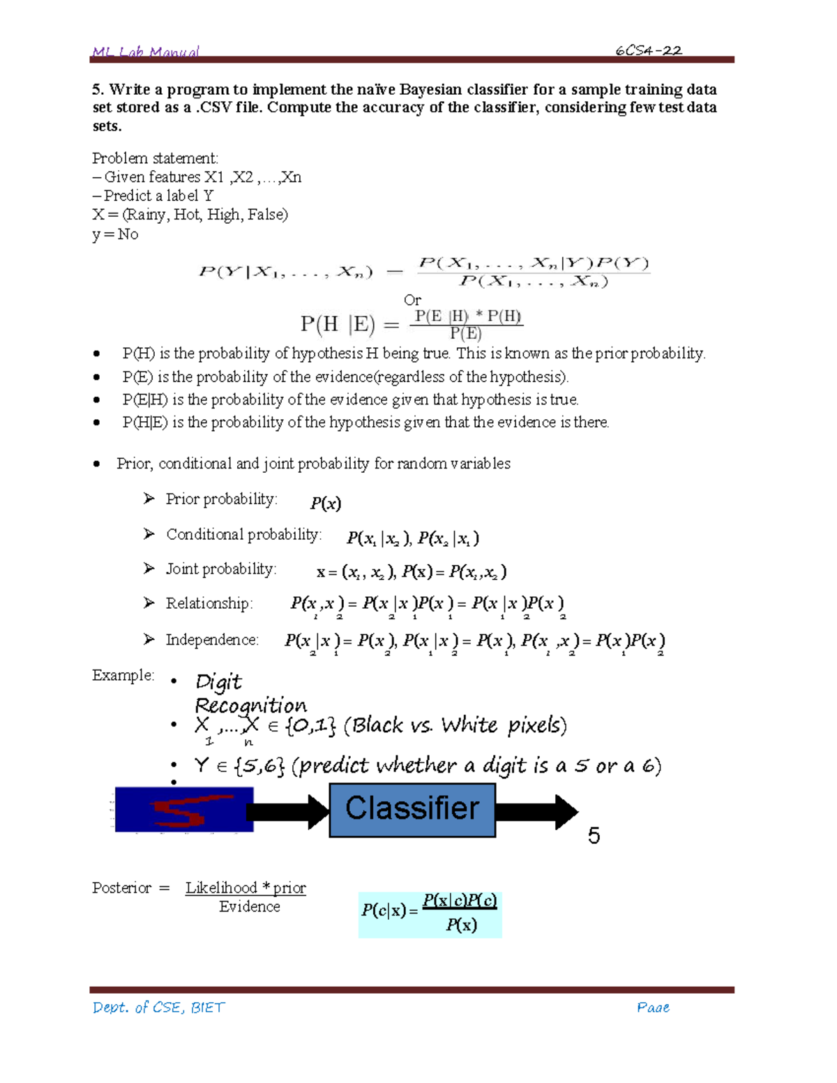 Machine Learning Lab 6CS4: Naïve Bayesian Classifier Implementation ...