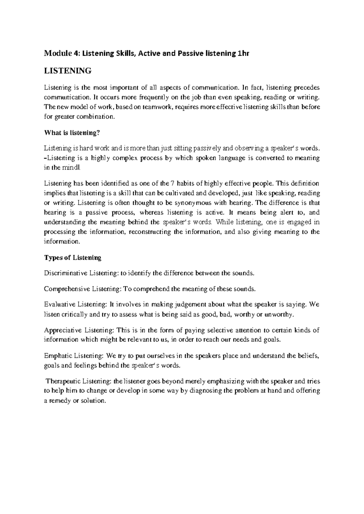 Module 4 - Lecture Notes - Module 4: Listening Skills, Active and ...