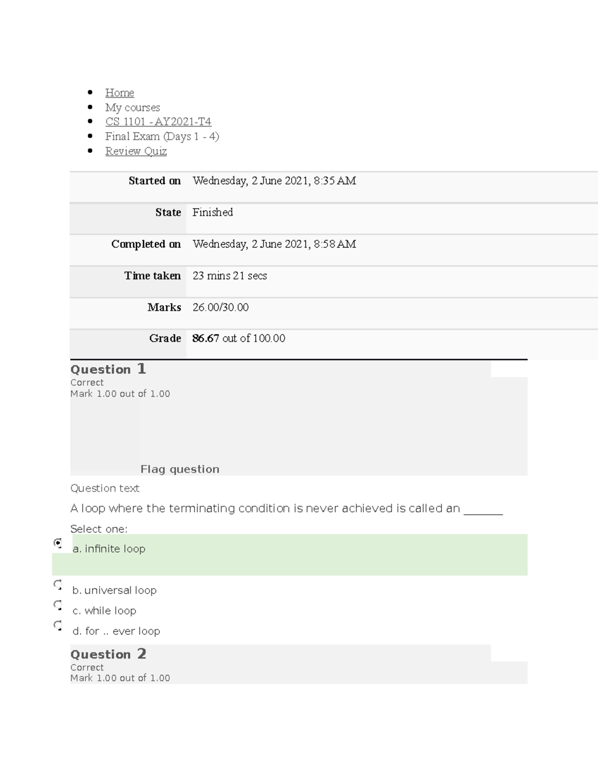 CS 1101 - AY2021-T4 Final Exam (Days 1 - 4) Review Quiz - Home My ...