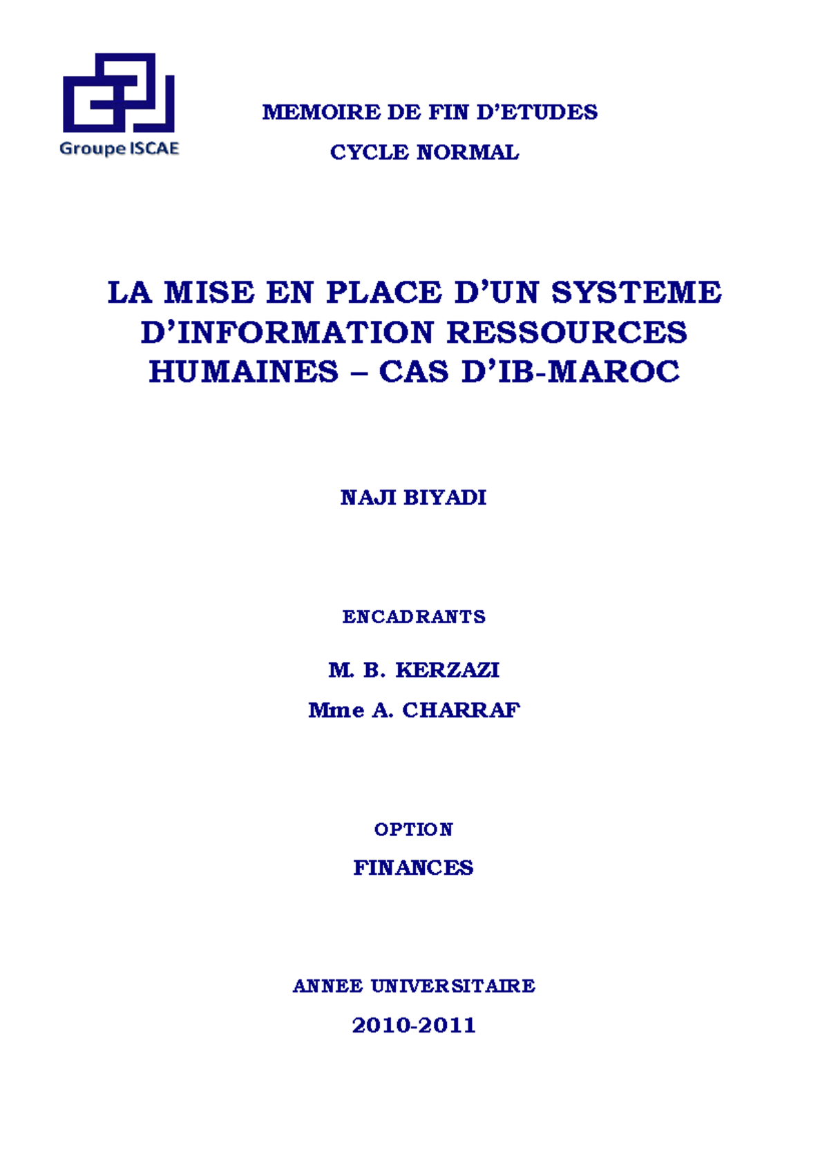 Mémoire de Fin de Cycle : Mise en Place d'un Système d'Information RH ...