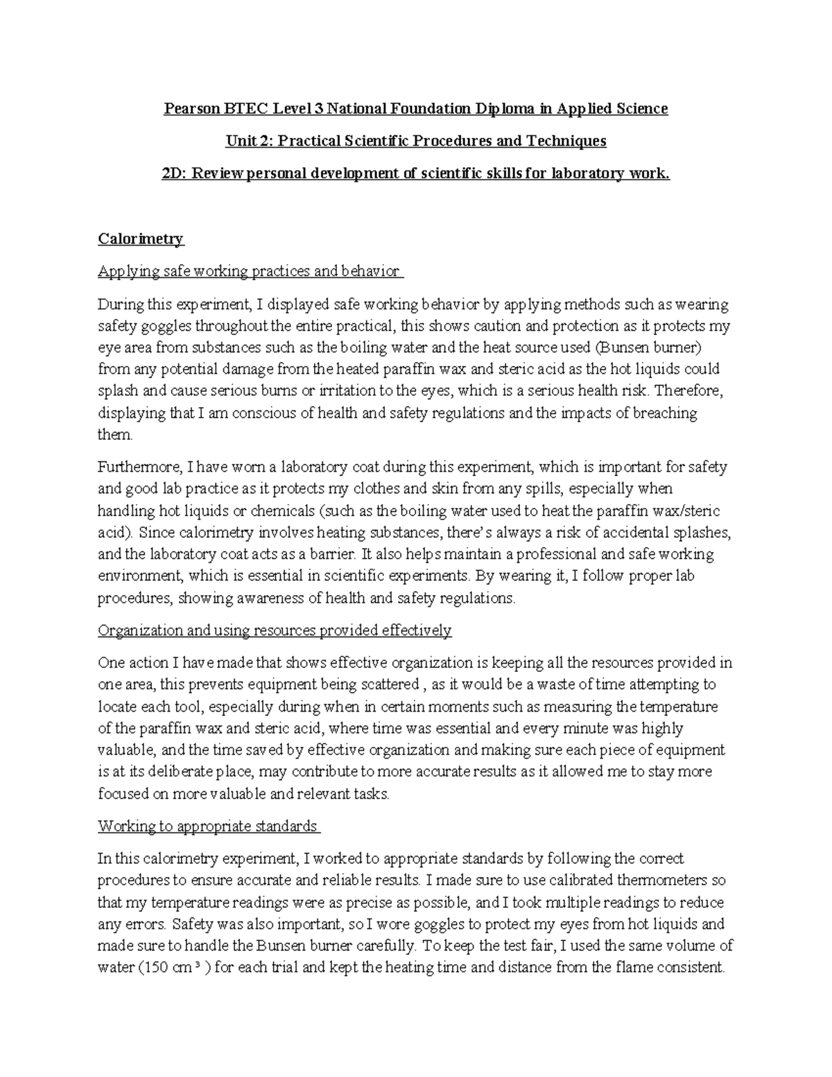 BTEC Level 3 Applied Science Unit 2D: Personal Review of Lab Skills ...