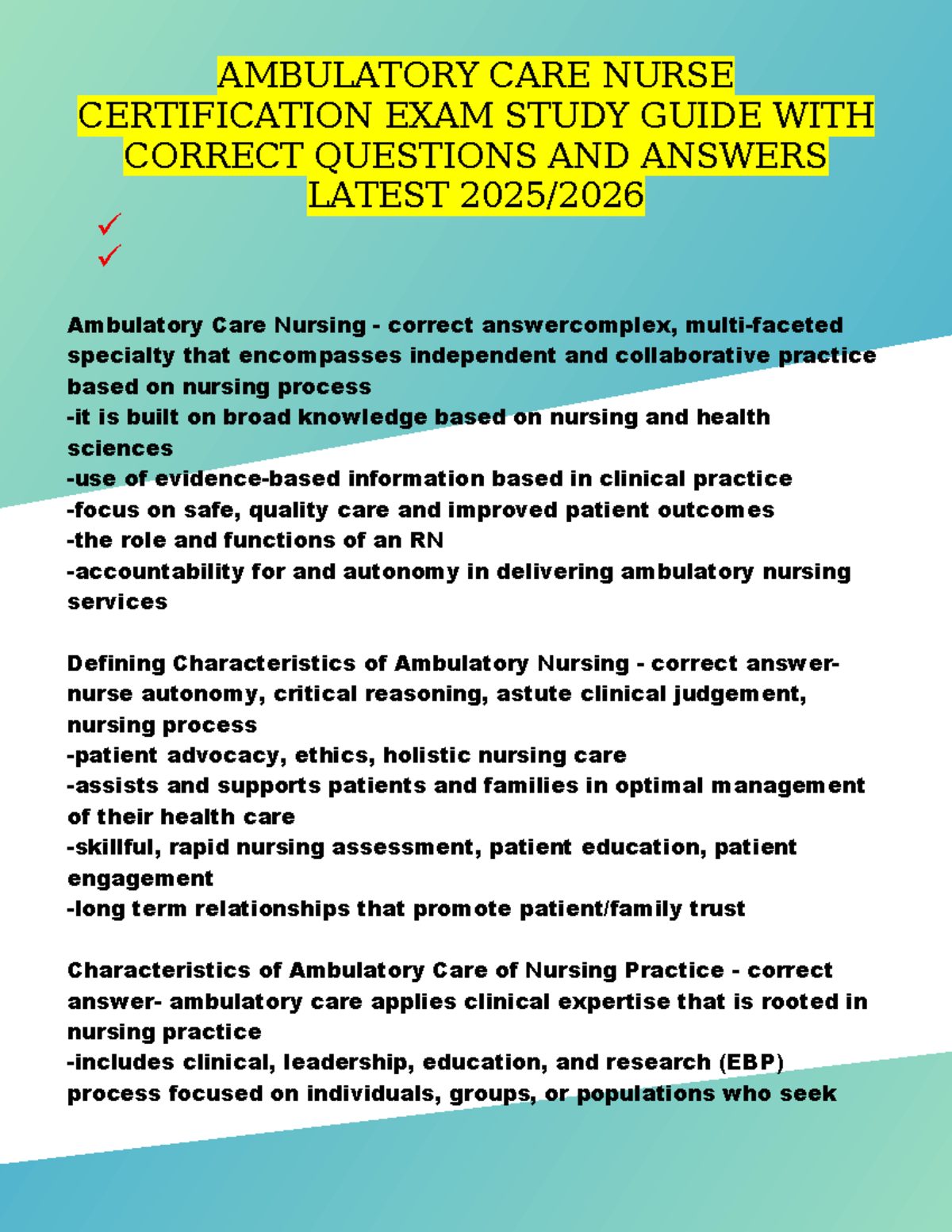 AMBULATORY CARE NURSE CERTIFICATION EXAM STUDY GUIDE (TLT 402) - Studocu