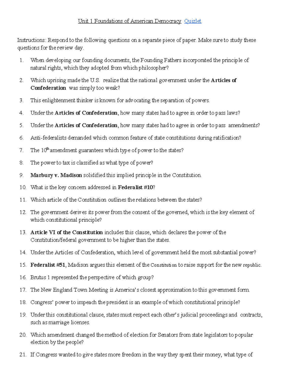 Unit 1 Foundations of American Democracy Quizlet Review Questions - Studocu