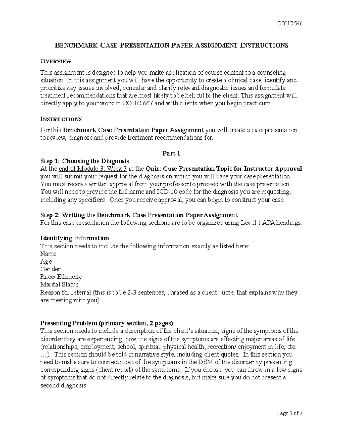 COUC 667 Benchmark Case Presentation Paper Guidelines & Tips - Studocu