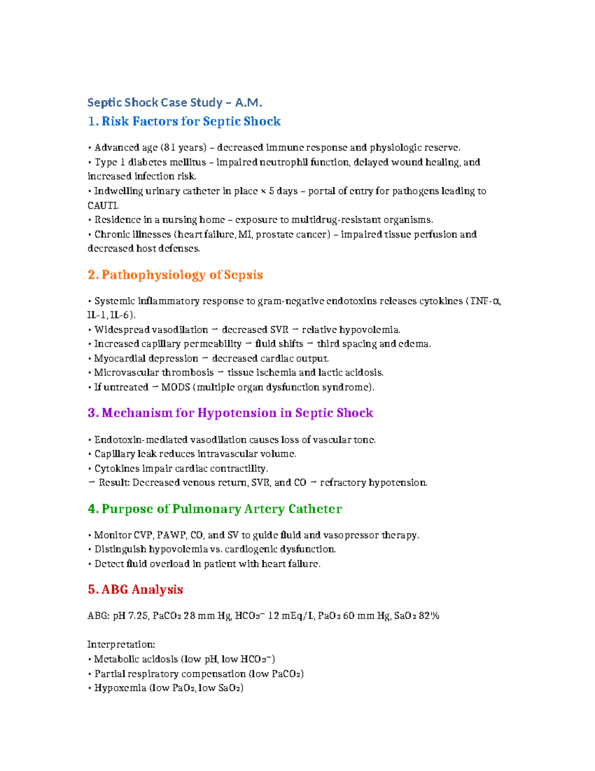 Septic Shock Case Study A.M. with Lab Analysis and Risk Factors - Studocu
