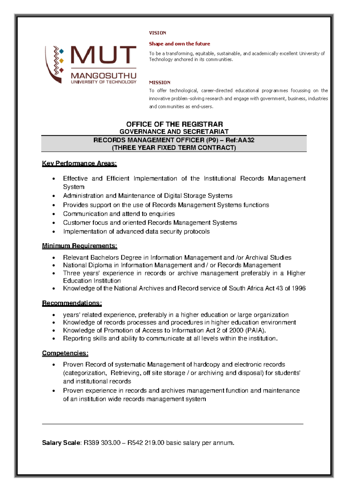 Records Management Officer (P9) - Governance & Secretariat Overview ...