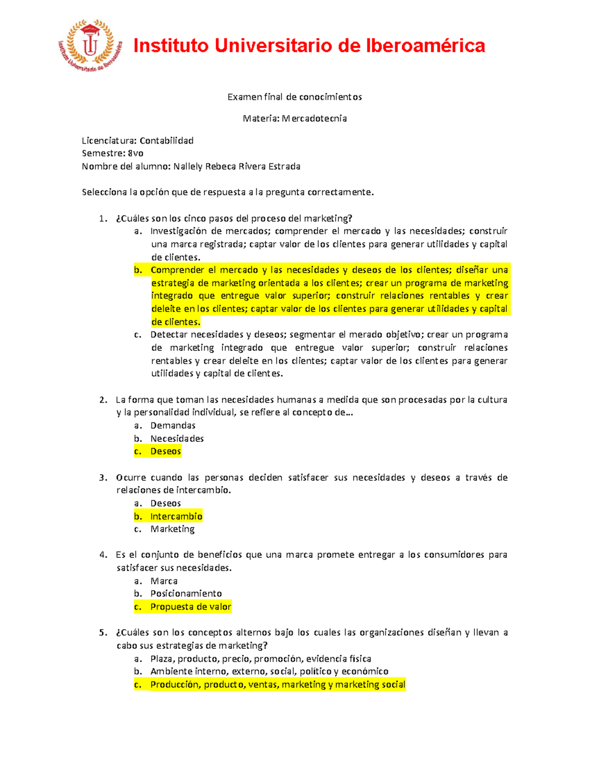 Examen final de conocimientos - Examen final de conocimientos Materia: Mercadotecnia ...