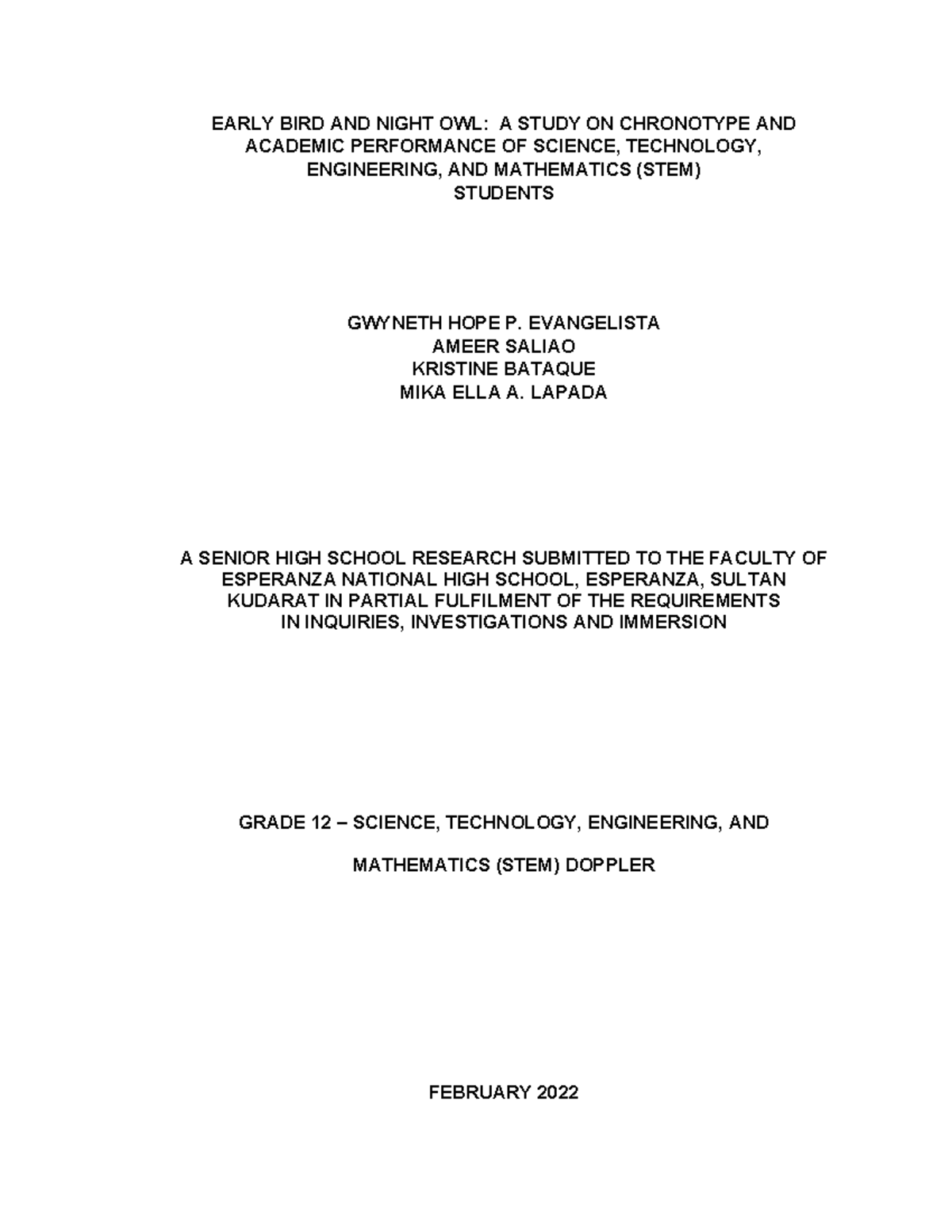 Chronotype and Academic Performance in Grade 12 STEM Students - Studocu