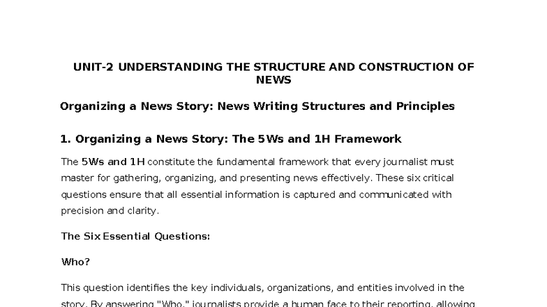 Organizing a News Story: 5Ws and 1H Framework in Journalism - Studocu
