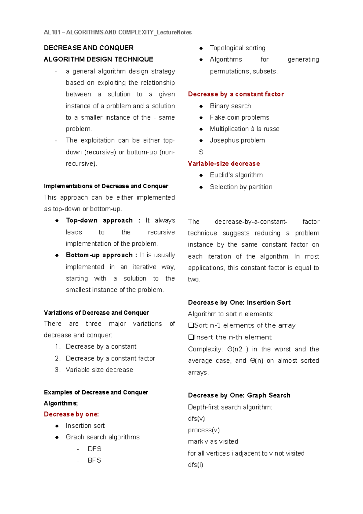 Al101 Decrease And Conquer Algorithm Design Technique Lecture Notes 4364