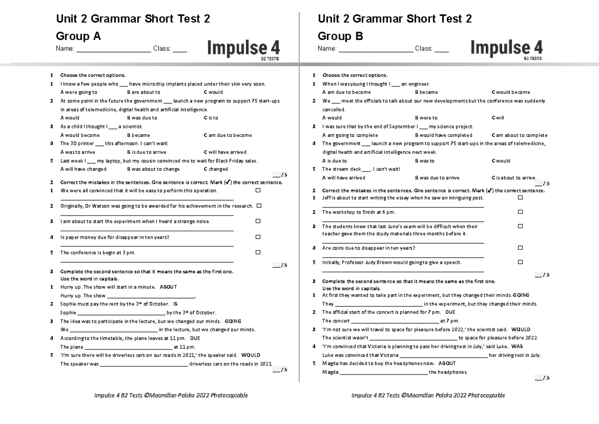 Unit 2 Grammar Short Test 2: Group A & B Review - Studocu