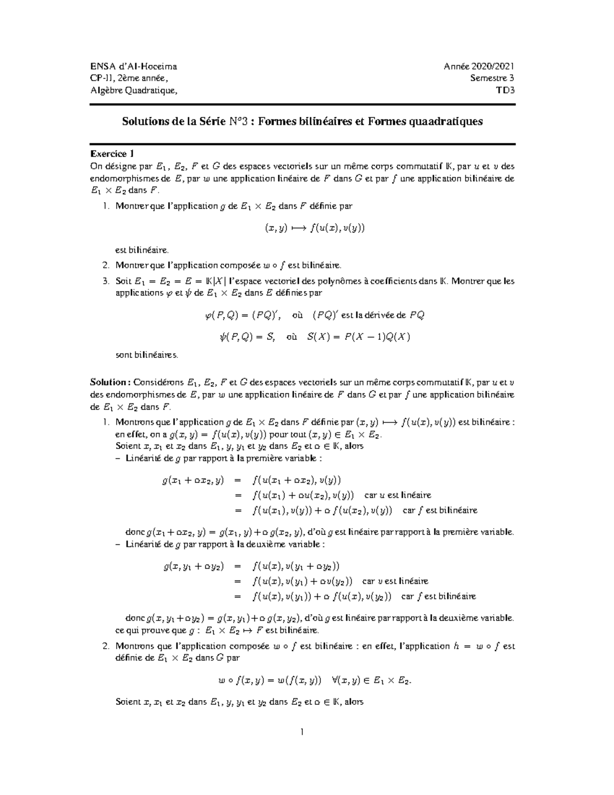 Alg3 TD 3 2020 sol - TD Algebre - ENSA d’Al-Hoceima Année 2020/ CP-II, 2ème année, Semestre 3 ...