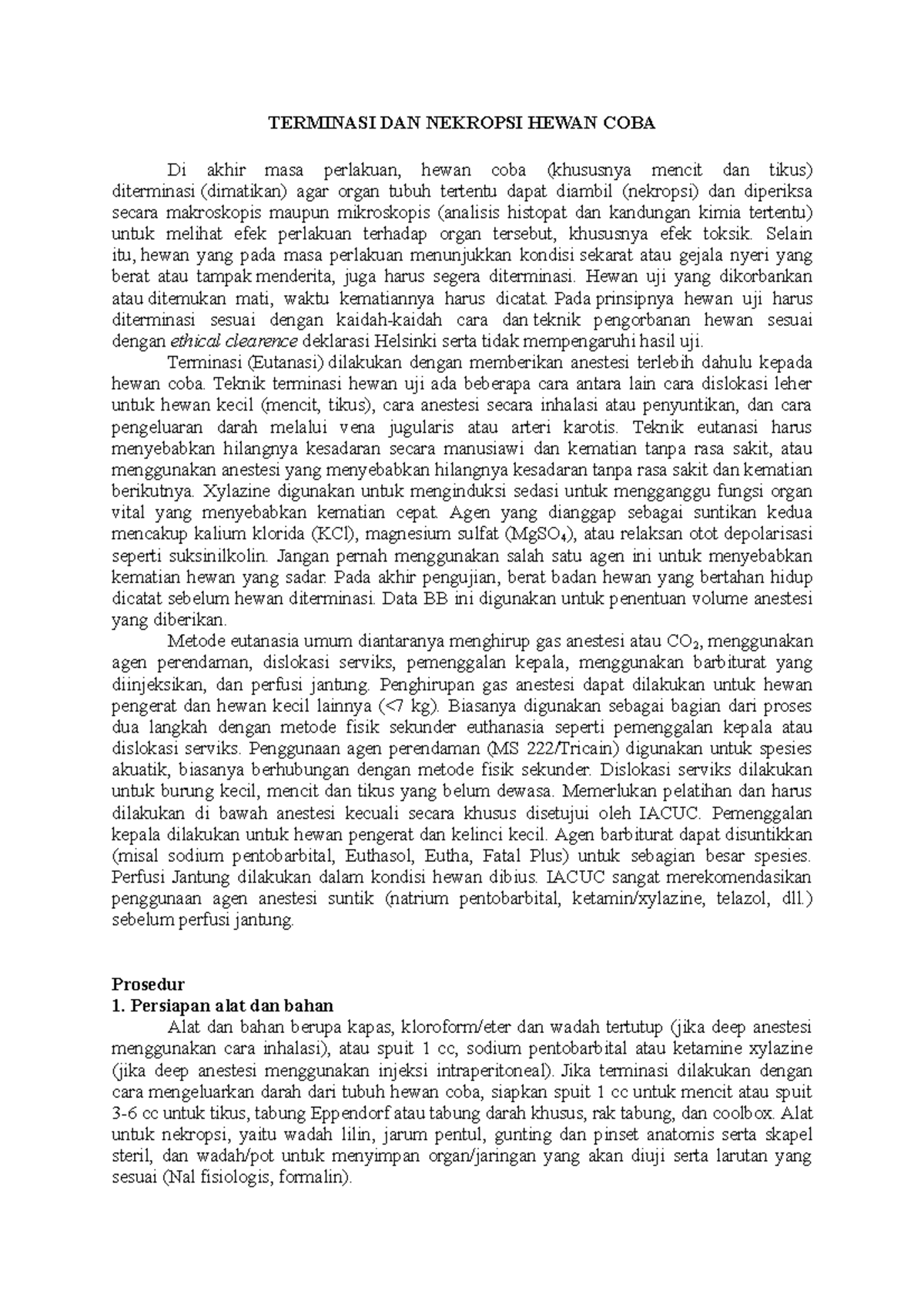 Terminasi dan Nekropsi Hewan Coba: Prosedur dan Metodologi - Studocu
