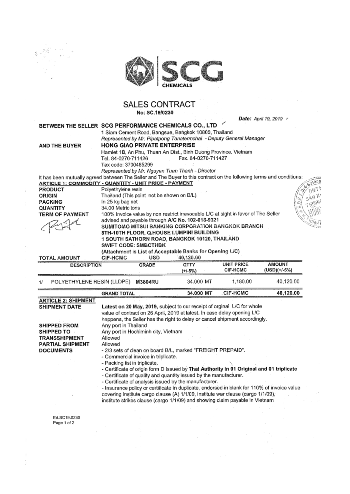 SCG CHEMICALS SALES CONTRACT No. 1531040423 - Polyethylene Resin (LLDPE ...