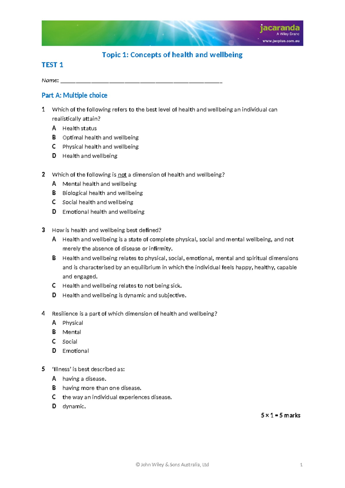 16. Topic 1 Concepts of health and wellbeing Test 1 - Topic 1: Concepts ...