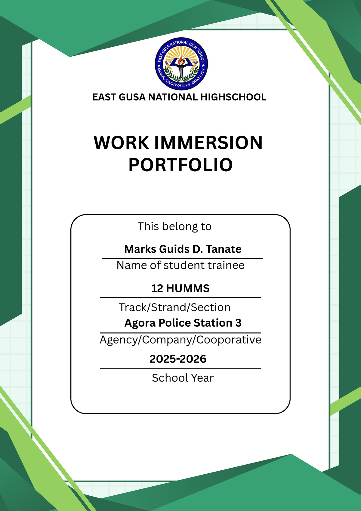 EAST GUSA NATIONAL HIGH SCHOOL WORK IMMERSION PORTFOLIO - Studocu