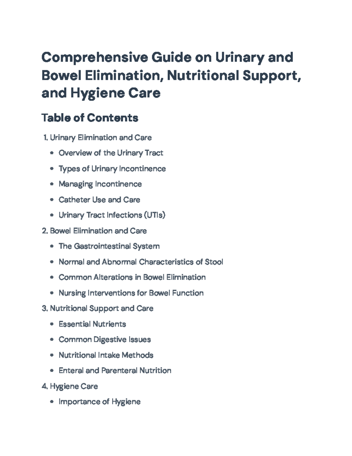 Nursing Care Guide: Urinary, Bowel, Nutritional Support & Hygiene - Studocu