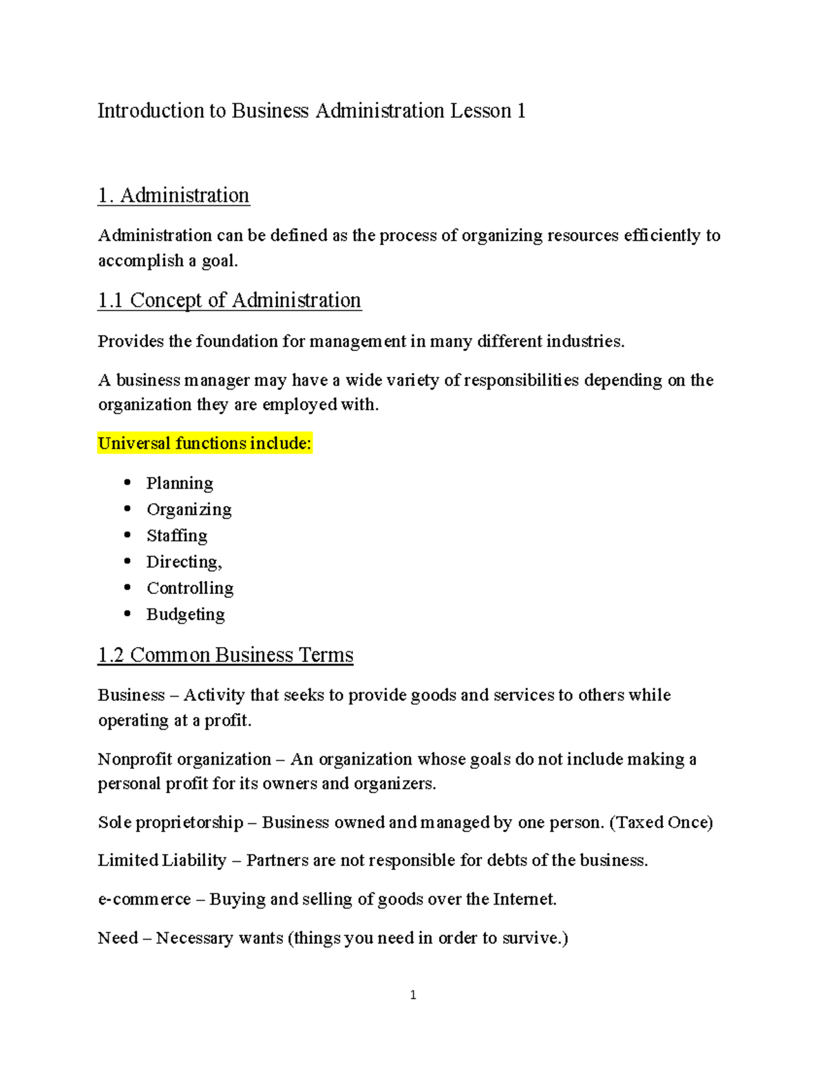 1 - Introduction to Business Administration Lesson 1 - Administration ...
