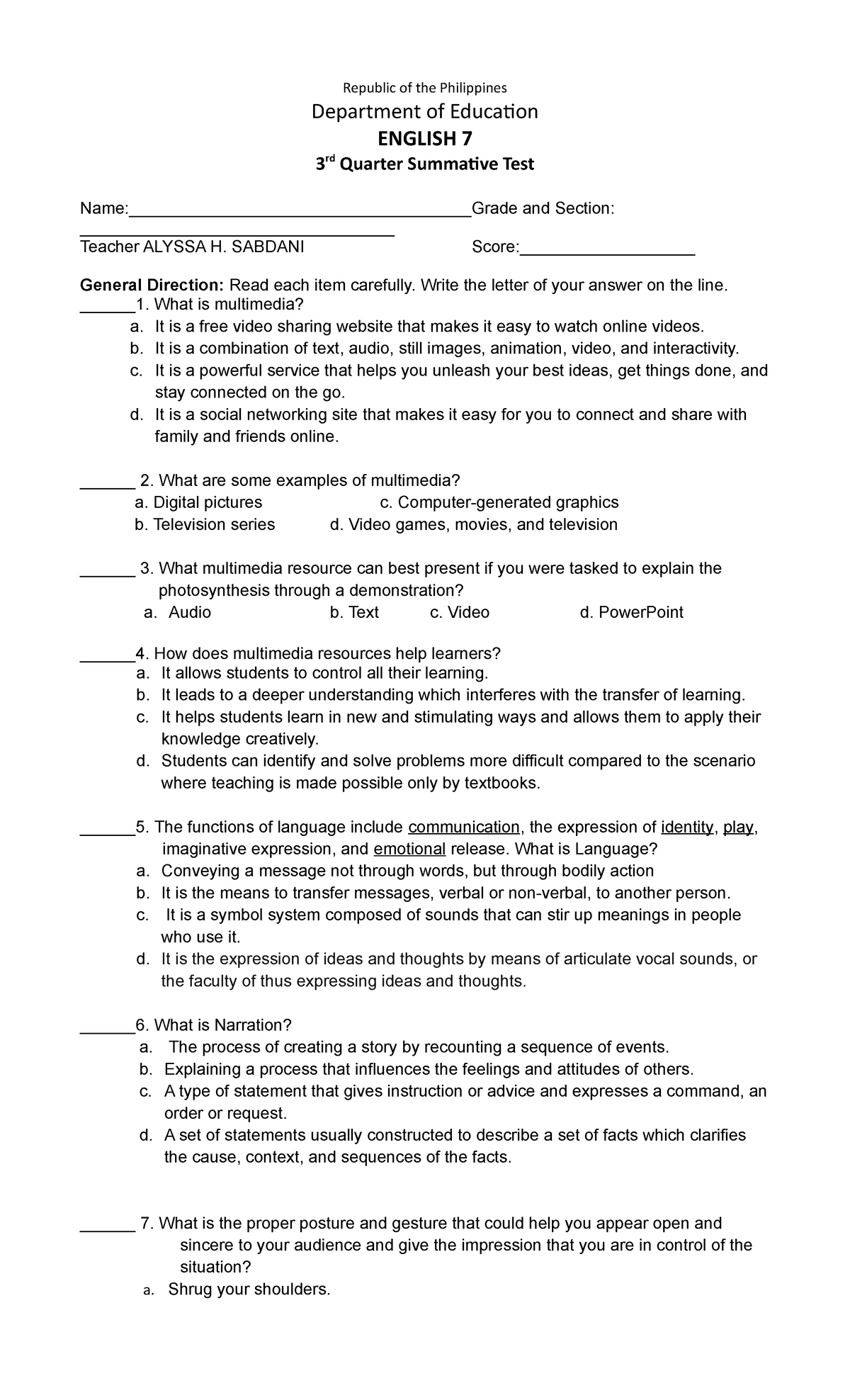 ENG 7 3rd Q TEST - this is a summative test for grade 7 on quarter 3 of ...